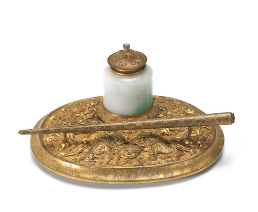 Bonhams : A gilt metal and jade mounted desk set Republic Period