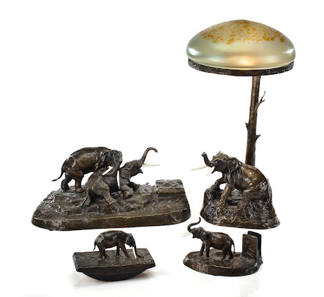 Bonhams : A Loetz iridescent glass, gilt bronze and ivory four piece ...