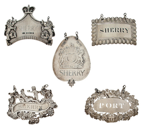 Bonhams : Five English silver wine labels 19th and 20th century