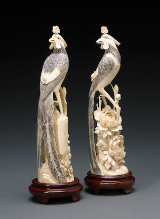 Bonhams : A pair of carved ivory birds 20th Century
