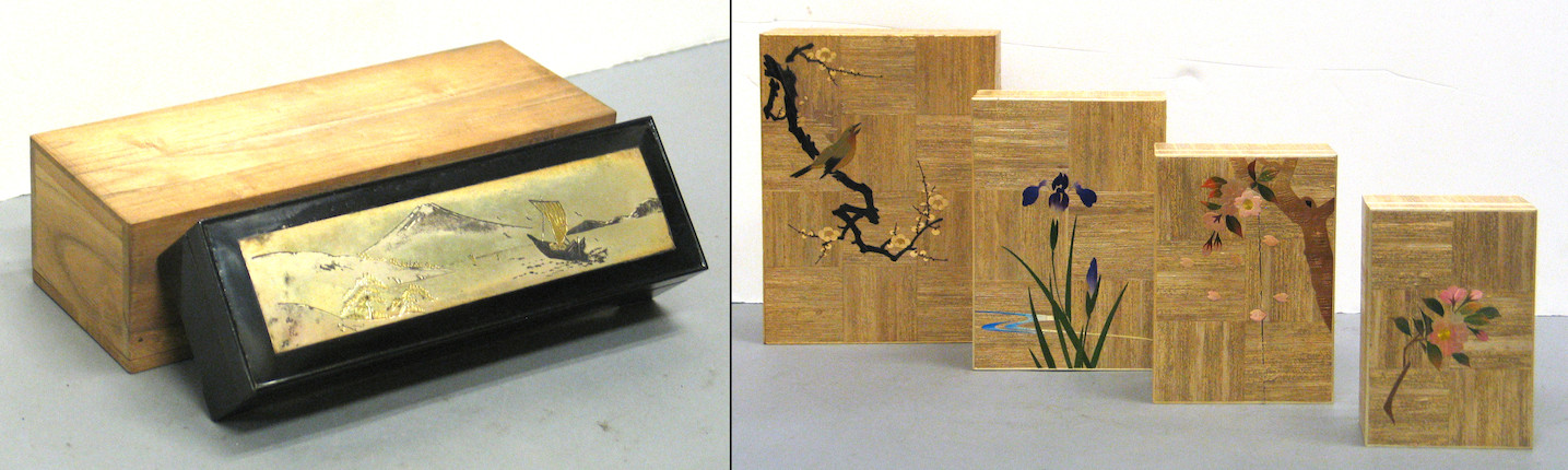 Bonhams : A group of six Japanese wood desk boxes