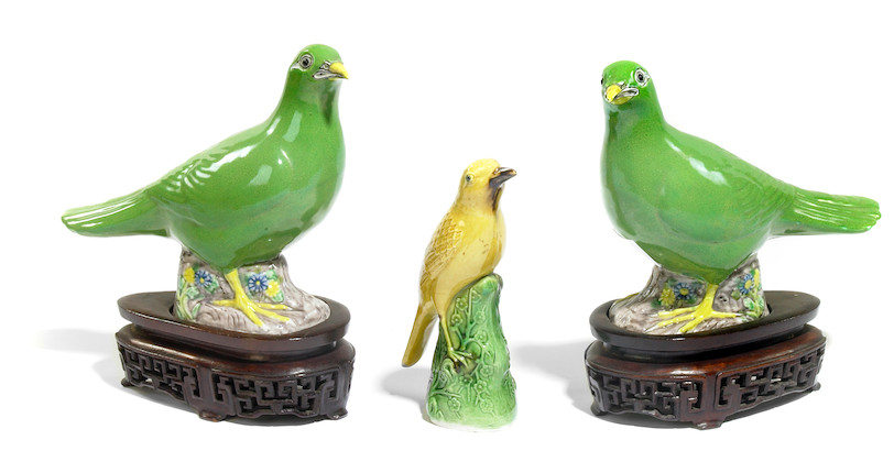 Bonhams : A pair of Chinese style green glazed ceramic birds on ...