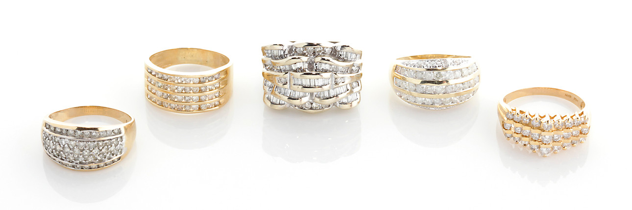 Bonhams : A collection of five diamond and 14k gold rings