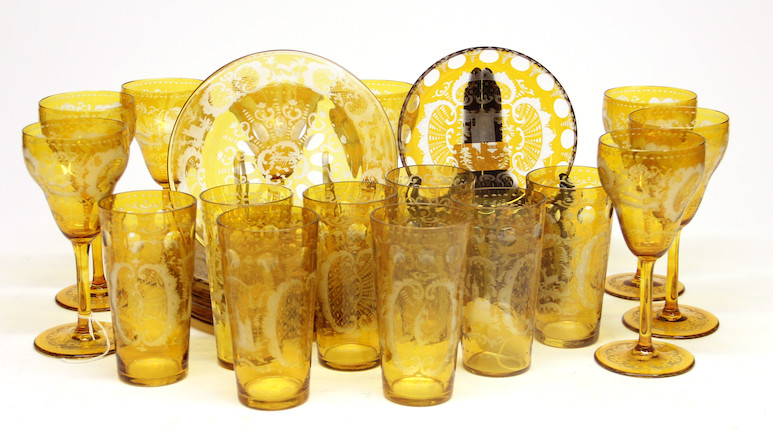 Bonhams A Bohemian Amber Flashed Cut To Clear Glass Part Table Suite