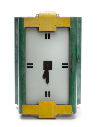 Bonhams : A green and yellow painted tank wall clock