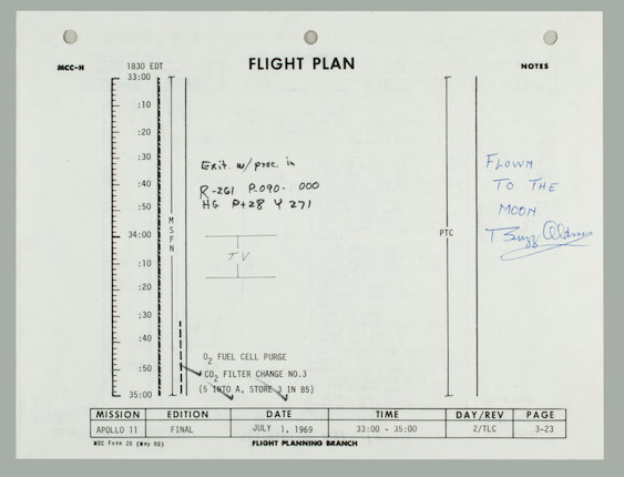 Bonhams : FLOWN APOLLO 11 FLIGHT PLAN SHEET. ALDRIN AND COLLINS RECORD ...