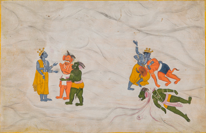 Bonhams : An illustration from the Makendeya Purana Vishnu destroys the ...