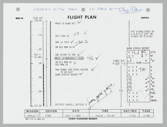 Bonhams : APOLLO 11 FLIGHT PLAN SHEET CARRIED ON AND USED DURING THE ...
