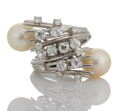 Bonhams : A cultured pearl and diamond crossover ring, Jessop