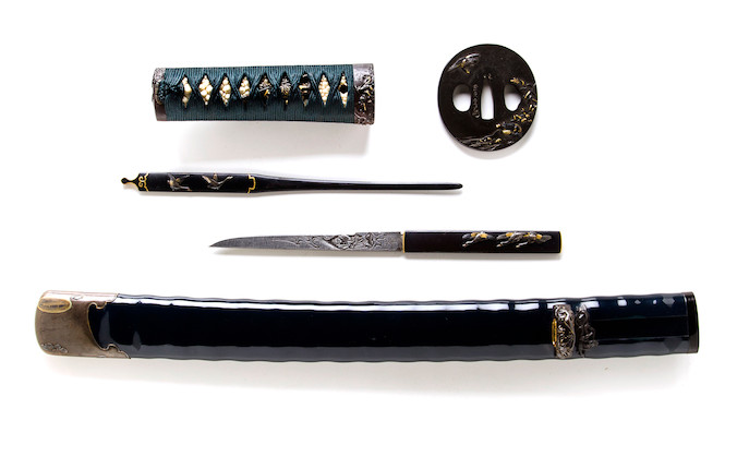 Bonhams : A Yoshindo wakizashi in rare blue-lacquer mounts Blade by ...