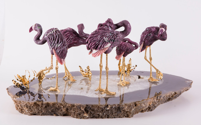 Bonhams : Carved Ruby Flamingos on an Agate Slab by Luis Alberto Quispe ...