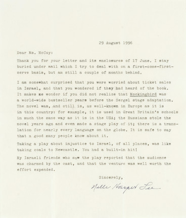 Bonhams : TWO HARPER LEE LETTERS ABOUT MOCKINGBIRD. LEE, HARPER. 1926 ...