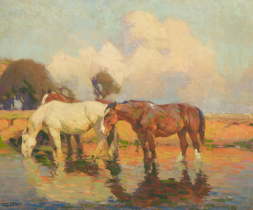 Bonhams : Fred Hall (British, 1860-1948) The day's work done 13 x 16in (33.1 x 40.7cm)