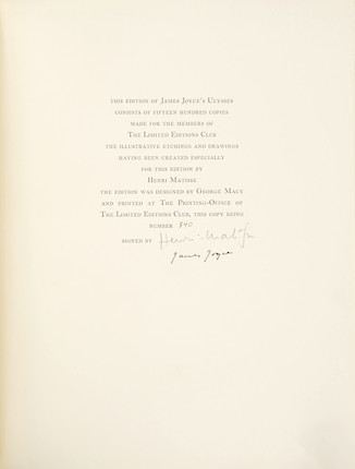 Bonhams : MATISSE AND JOYCE SIGNED EDITION OF ULYSSES. JOYCE, JAMES ...