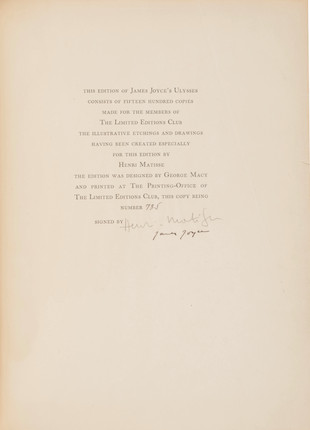 Bonhams : MATISSE AND JOYCE SIGNED EDITION OF ULYSSES. JOYCE, JAMES ...