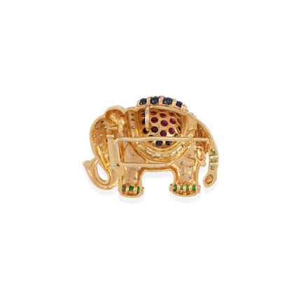 Bonhams : A 14K GOLD, GEM-SET AND DIAMOND ELEPHANT BROOCH