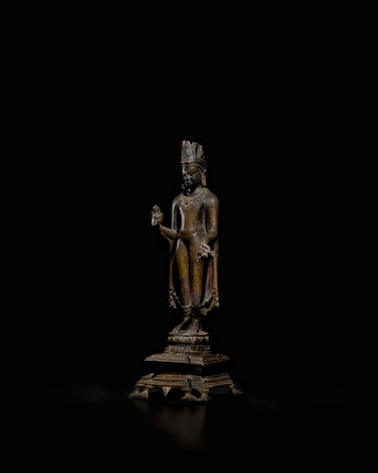 Bonhams : A SILVER INLAID COPPER ALLOY FIGURE OF CROWNED BUDDHA ...