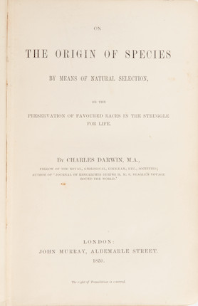 Bonhams : DARWIN'S ORIGIN. DARWIN, CHARLES. 1809-1882. On the Origin of ...