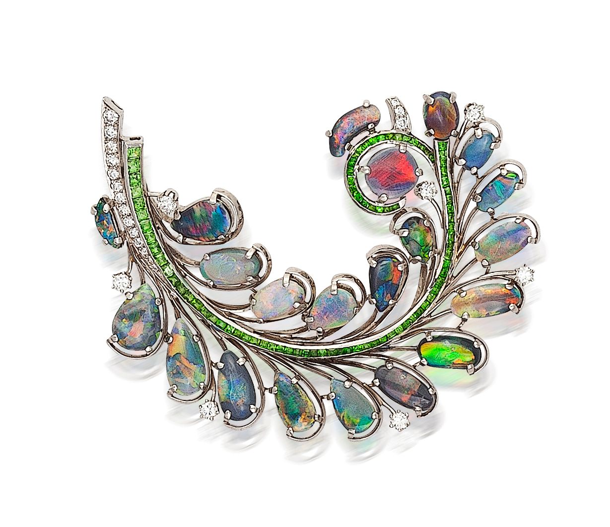 Bonhams : An opal, diamond and demantoid garnet brooch, Wedderien