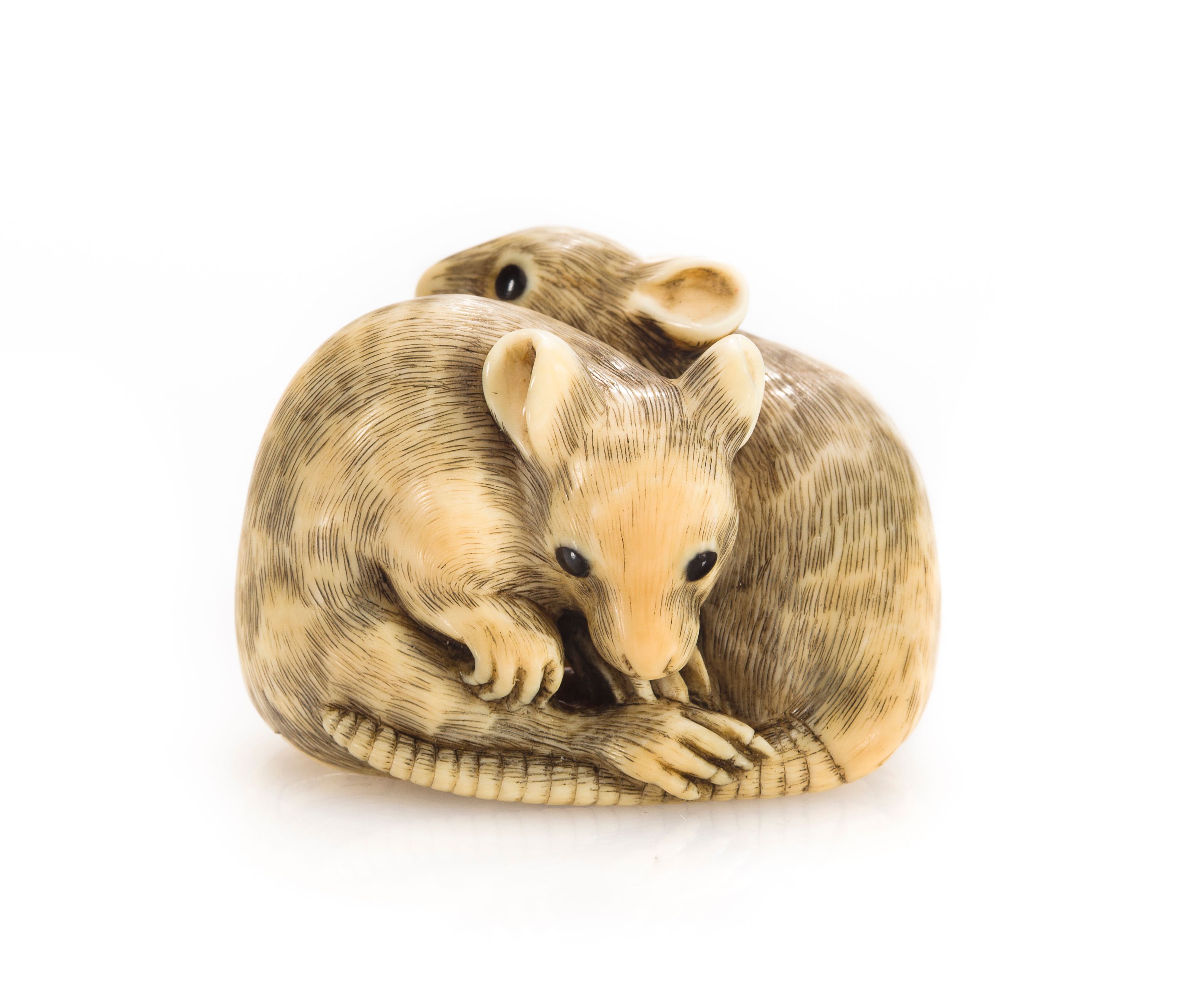 Bonhams : A Kyoto-school ivory netsuke of two mice By Okatori, Edo ...