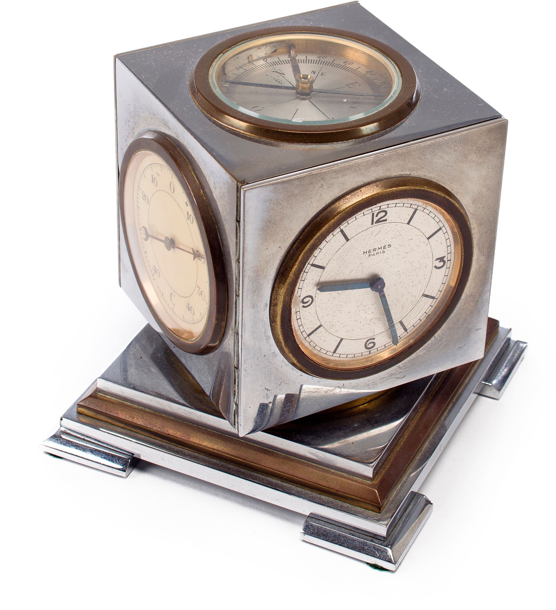 Bonhams : Hermes brass and chrome cube-form desk clock, compass and ...