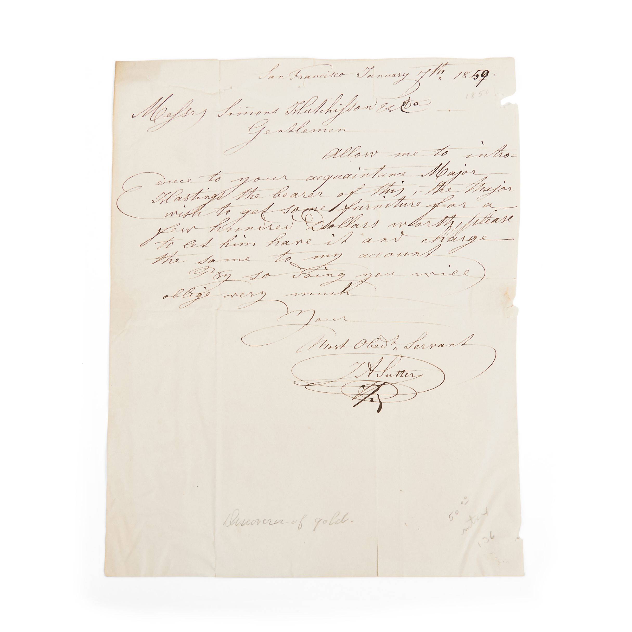 Bonhams Skinner : Sutter, John A. (1803-1880), Autograph Letter Signed