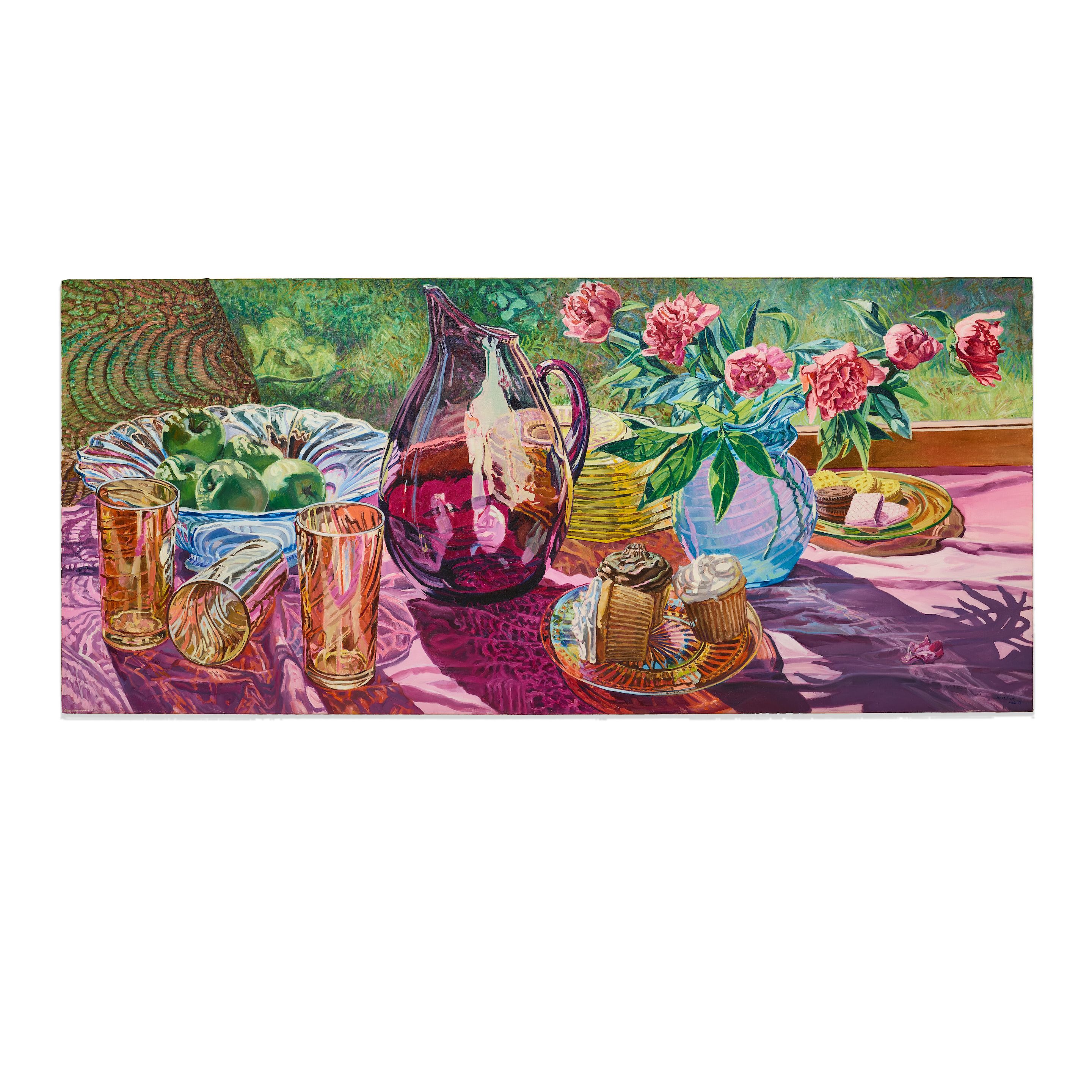 Bonhams : JANET FISH (B. 1938) Purple Pitcher, Cakes and Peonies, 1982