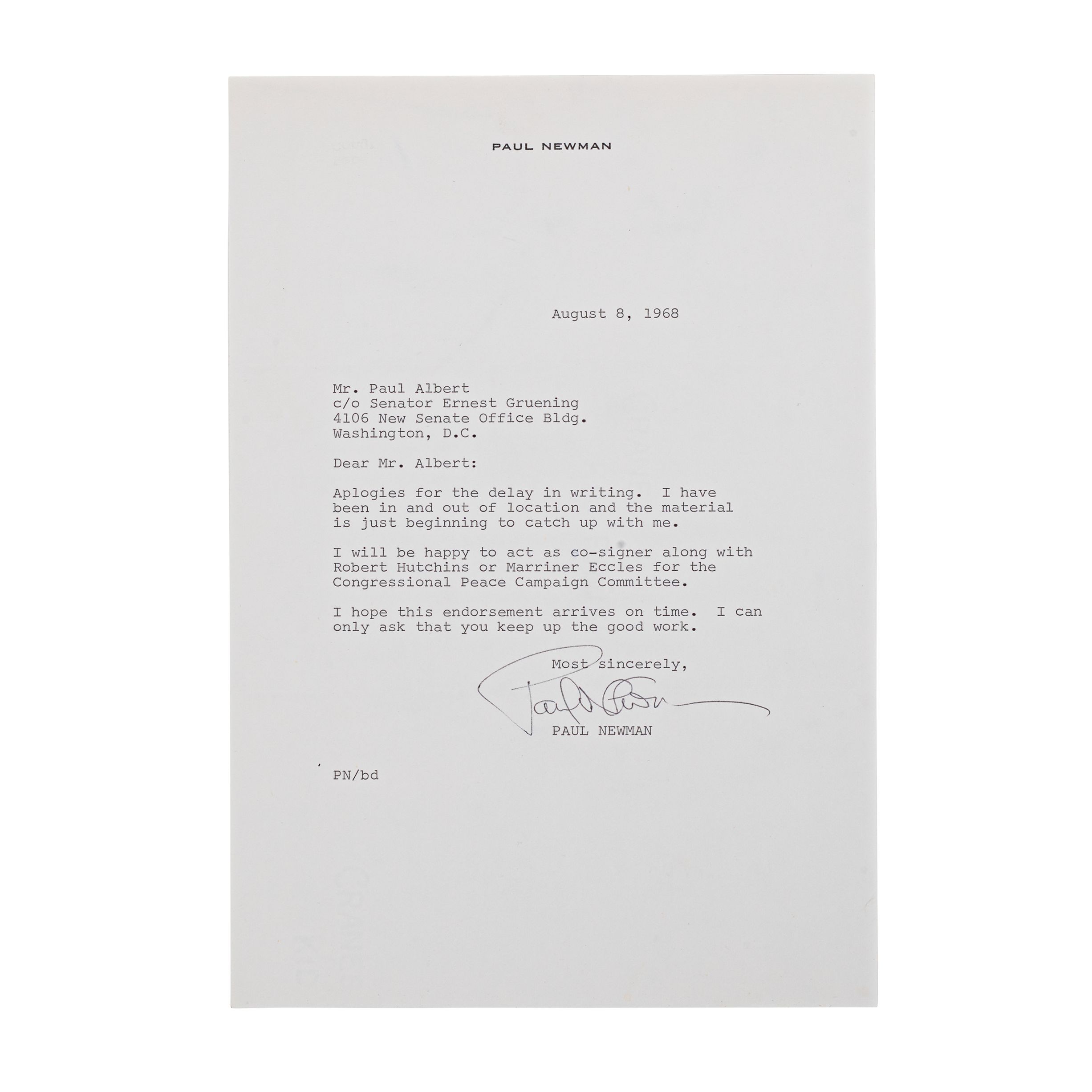 Bonhams : Paul Newman Signed Correspondence Letter for the ...