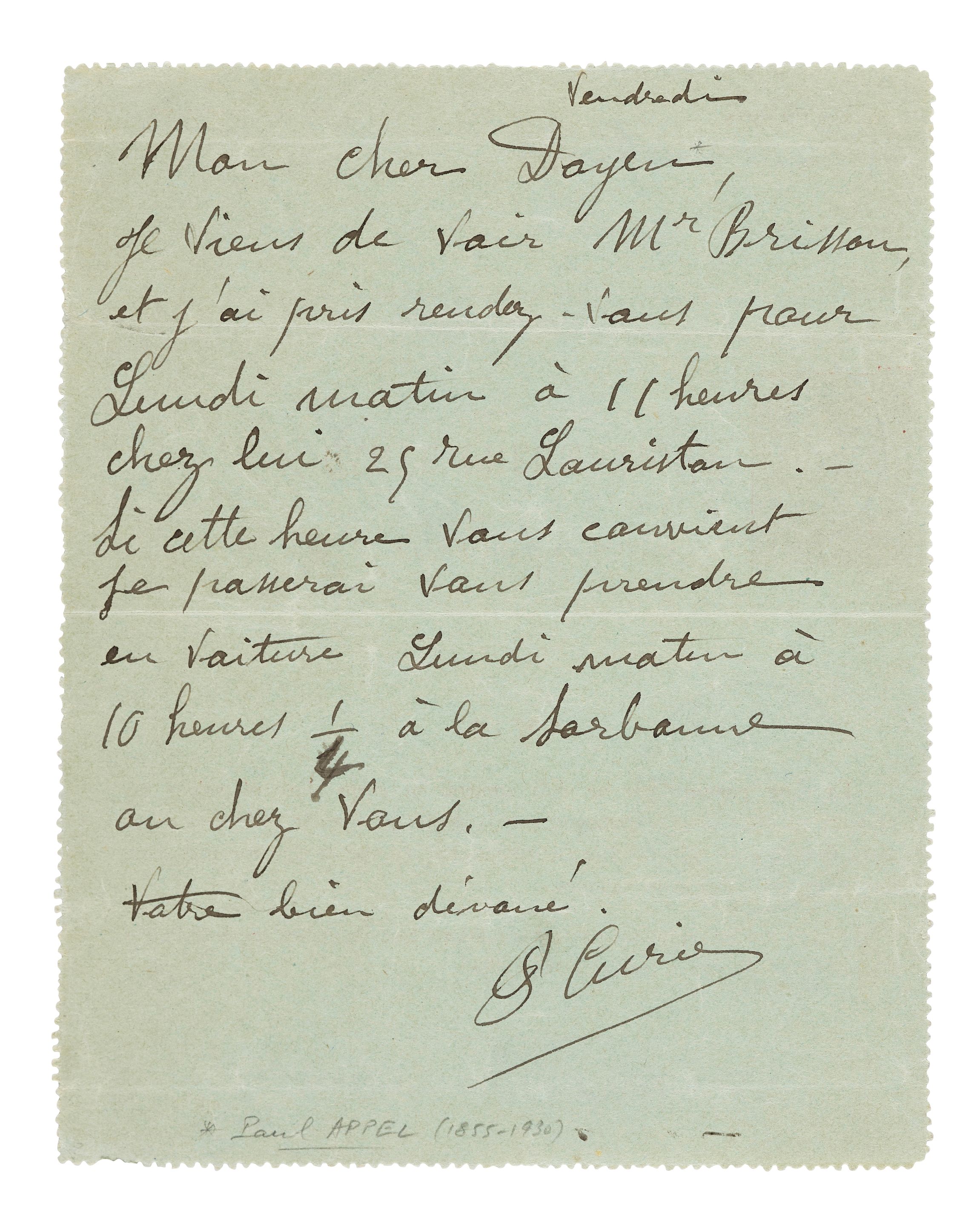 Bonhams : PIERRE CURIE SEEKS APPOINTMENT TO THE SORBONNE UPON HIS 1903 ...