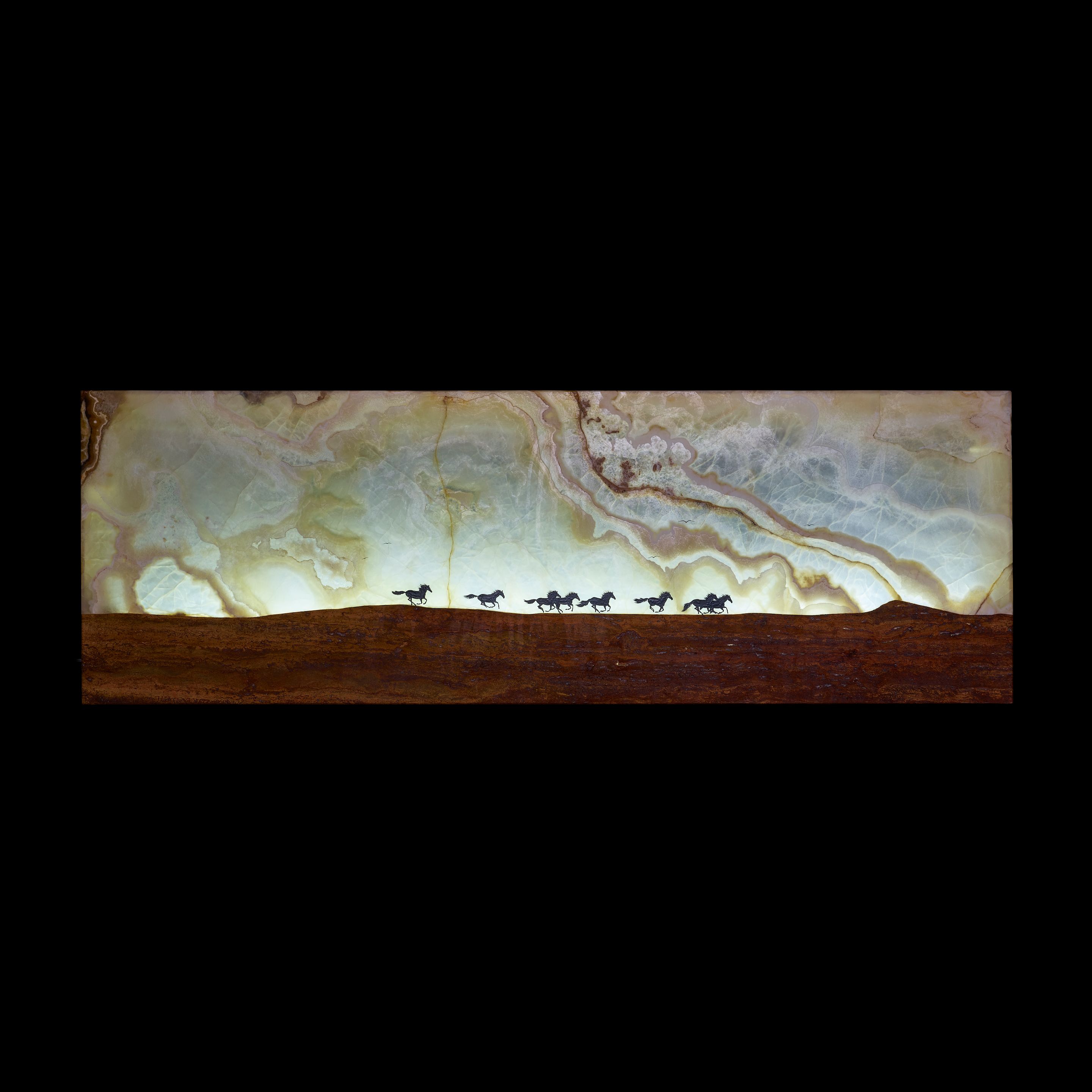 Bonhams : Illuminated Banded Onyx Panel with Painted Horses