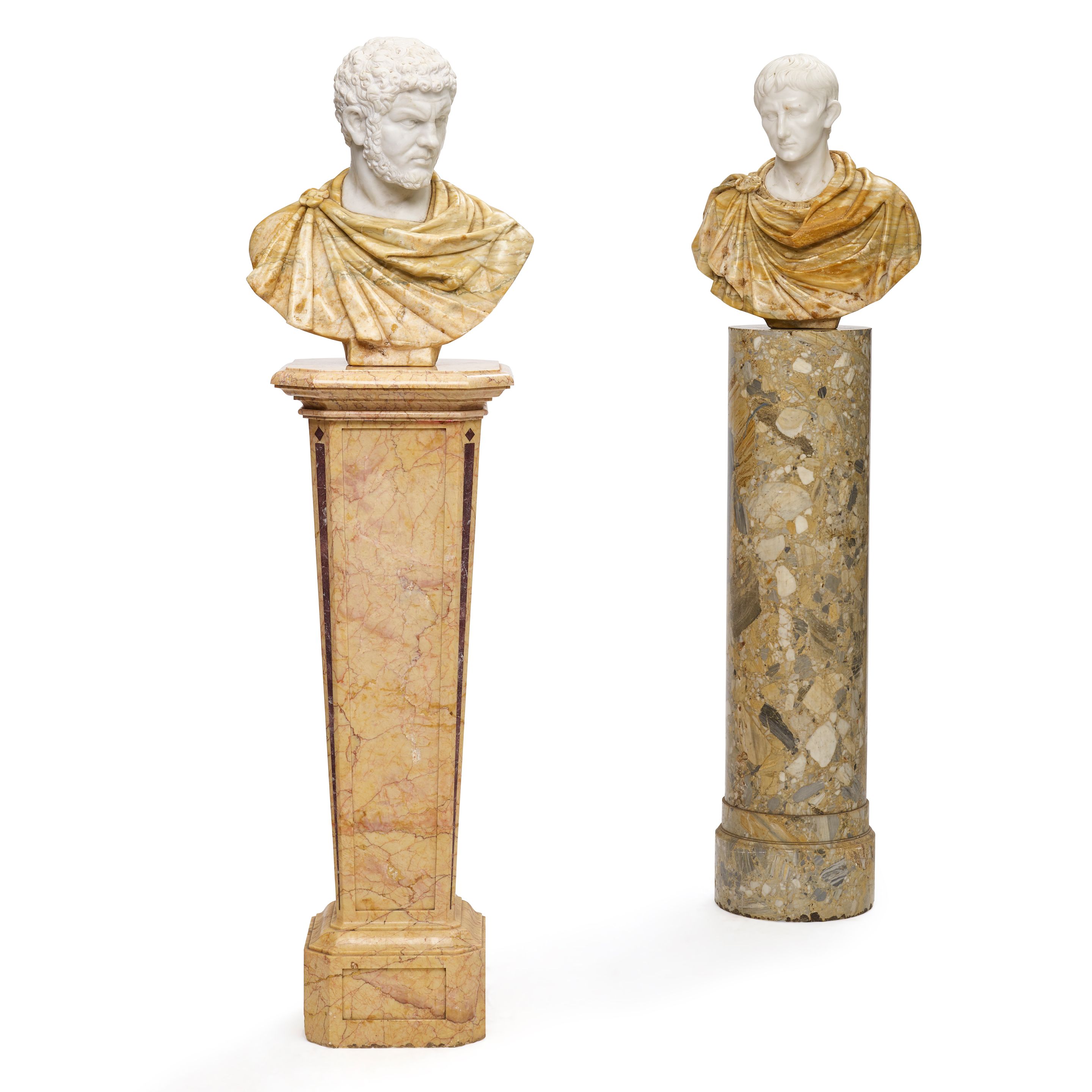 Bonhams : A PAIR OF CARVED MIXED MARBLE BUSTS OF ROMAN FIGURES