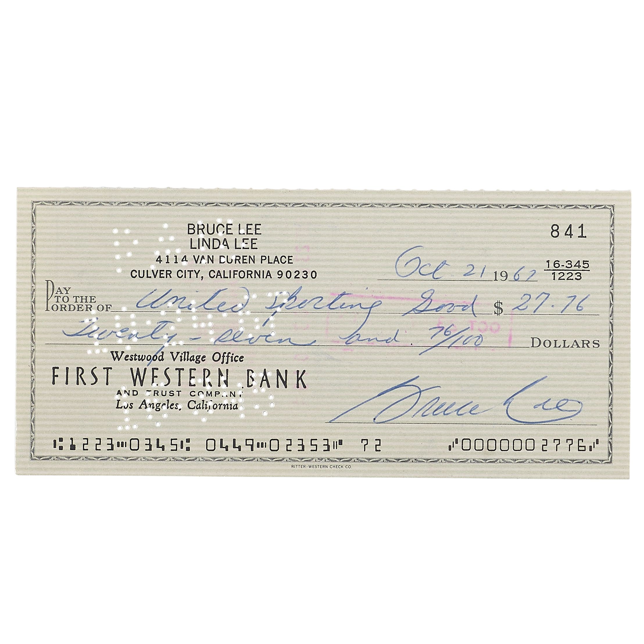Bonhams : Bruce Lee Signed Bank Check.