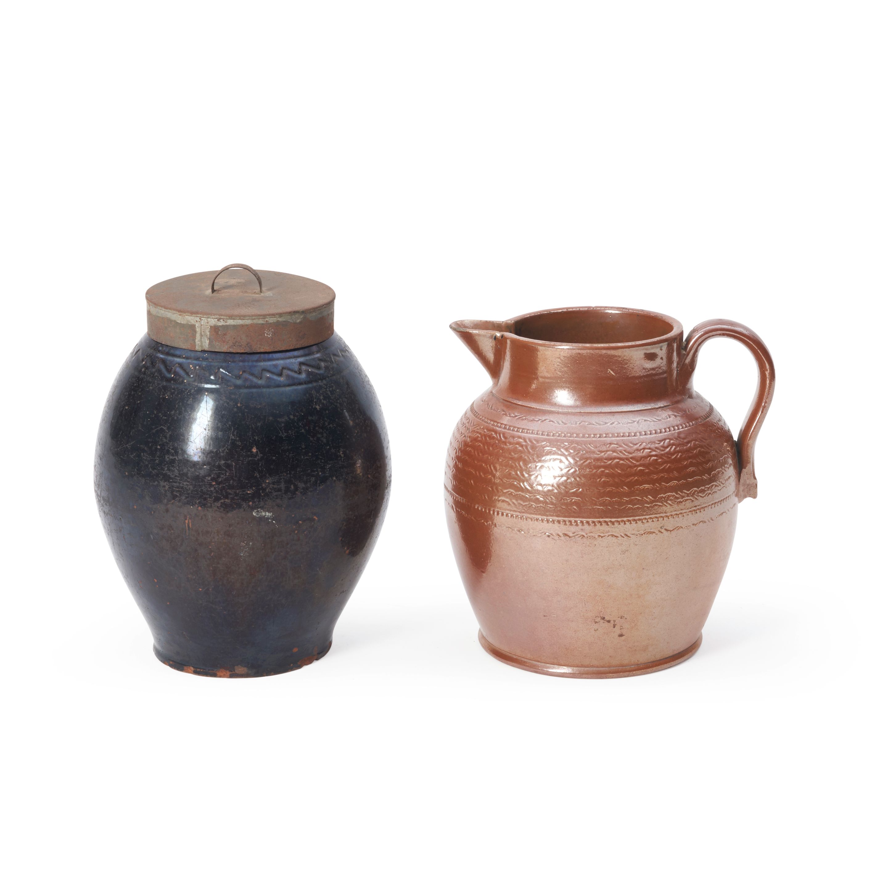 Bonhams Skinner : Two Glazed Redware Vessels, America, 19th century.