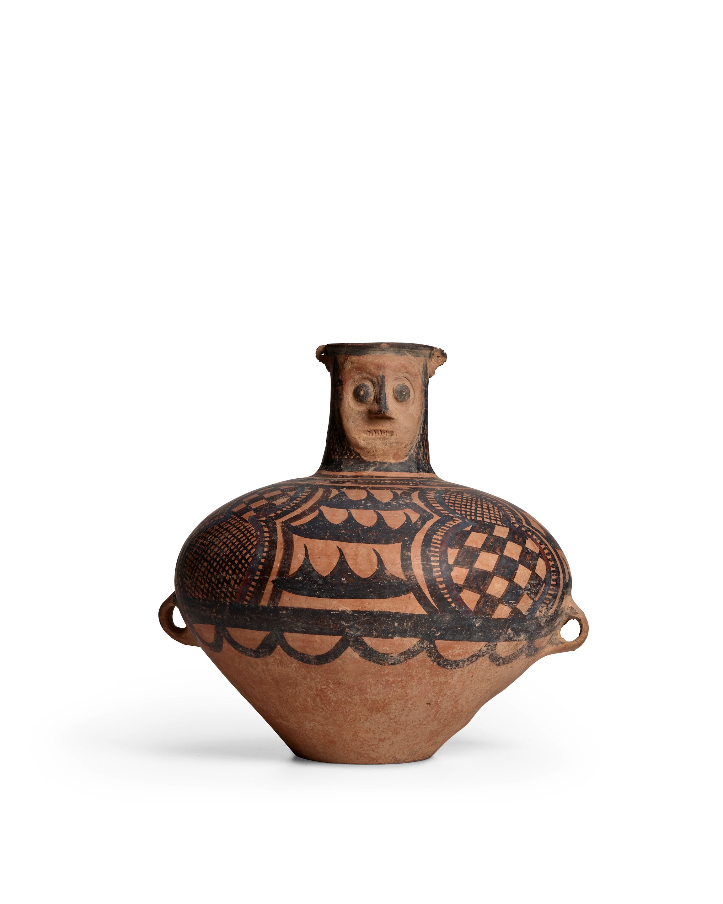 Bonhams : A RARE PAINTED RED-POTTERY HUMAN-HEADED' TWO-HANDLED JAR ...