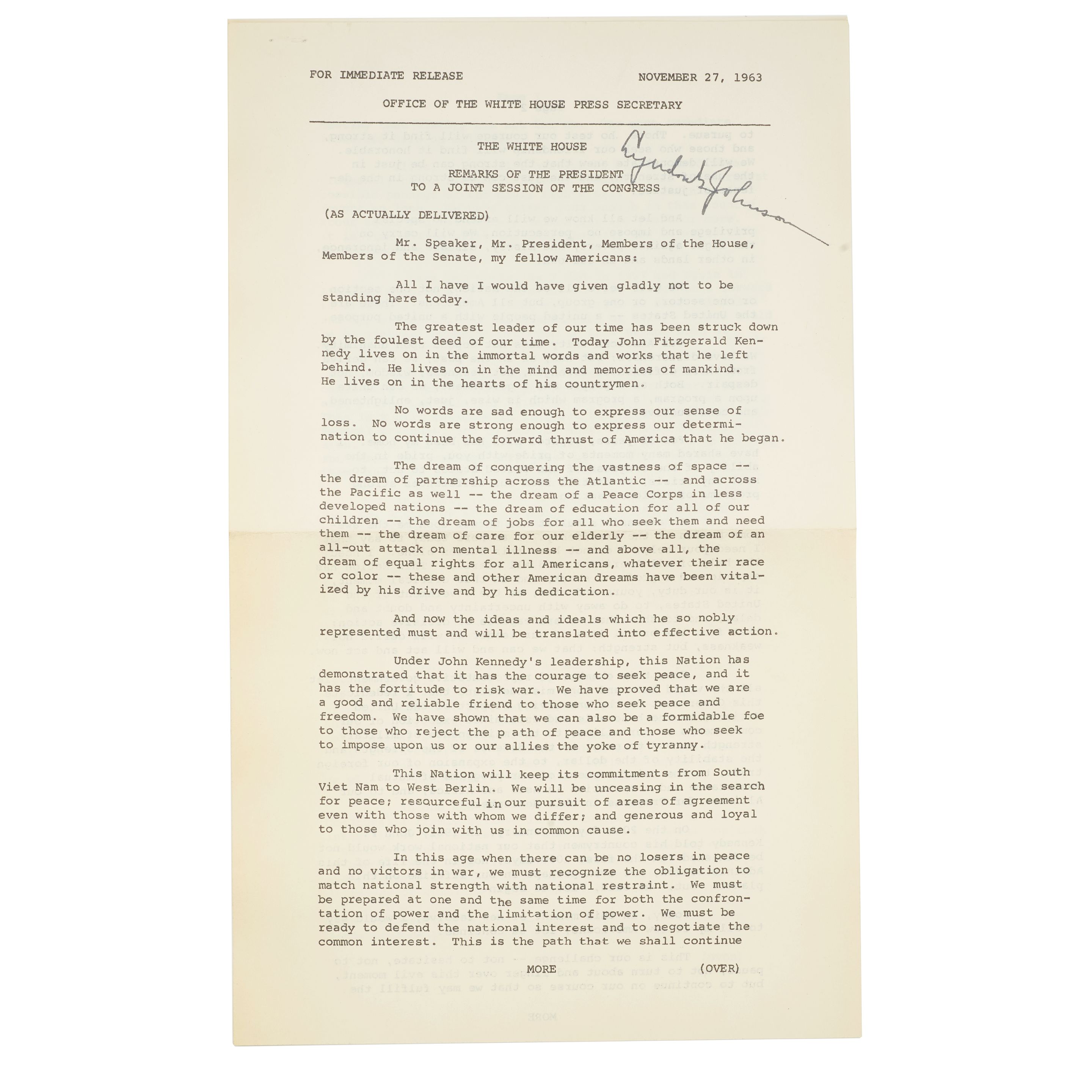 Bonhams : JOHNSON'S LET US CONTINUE SPEECH, SIGNED. JOHNSON, LYNDON ...