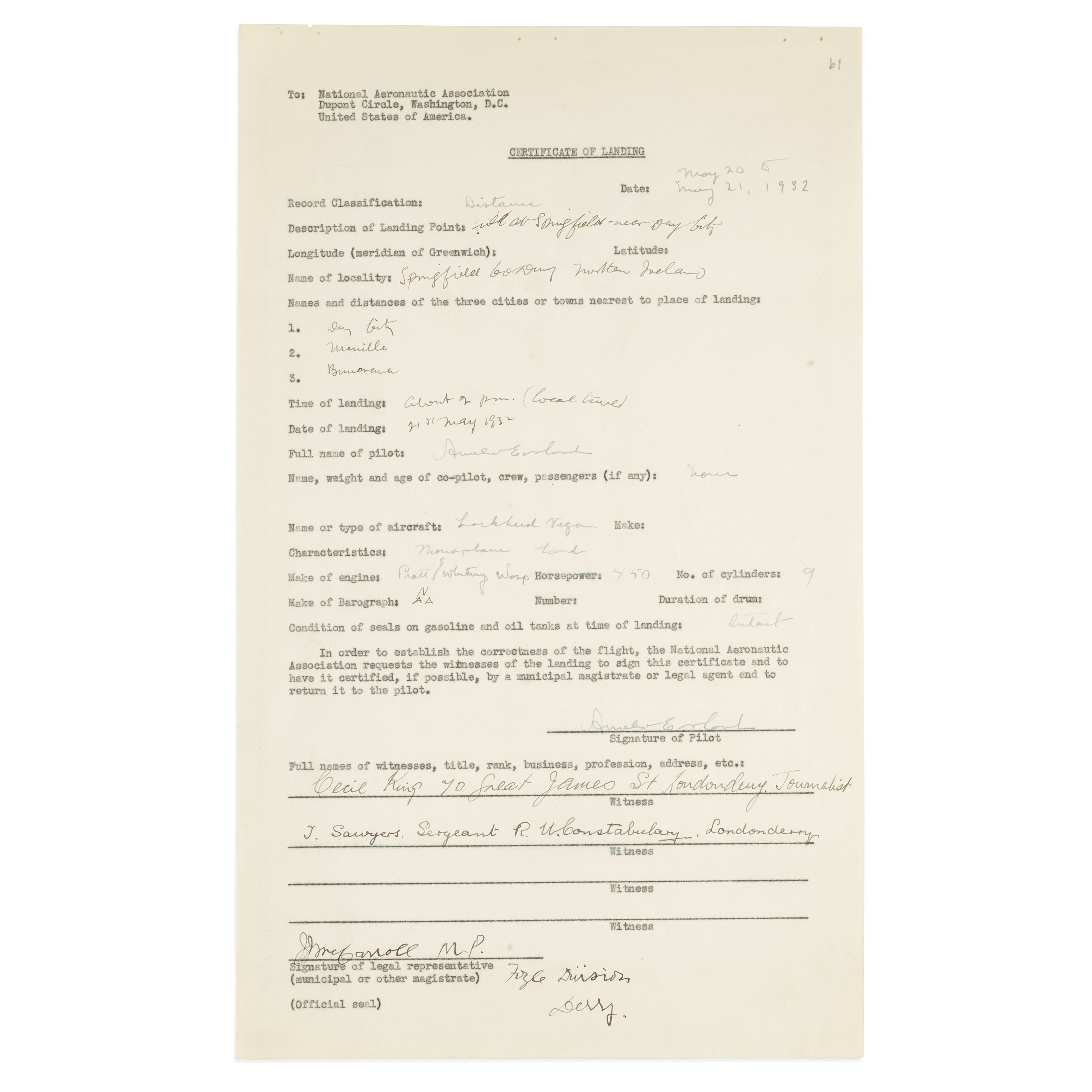 Bonhams : AMELIA EARHART'S CERTIFICATE OF LANDING FOR SOLO ...