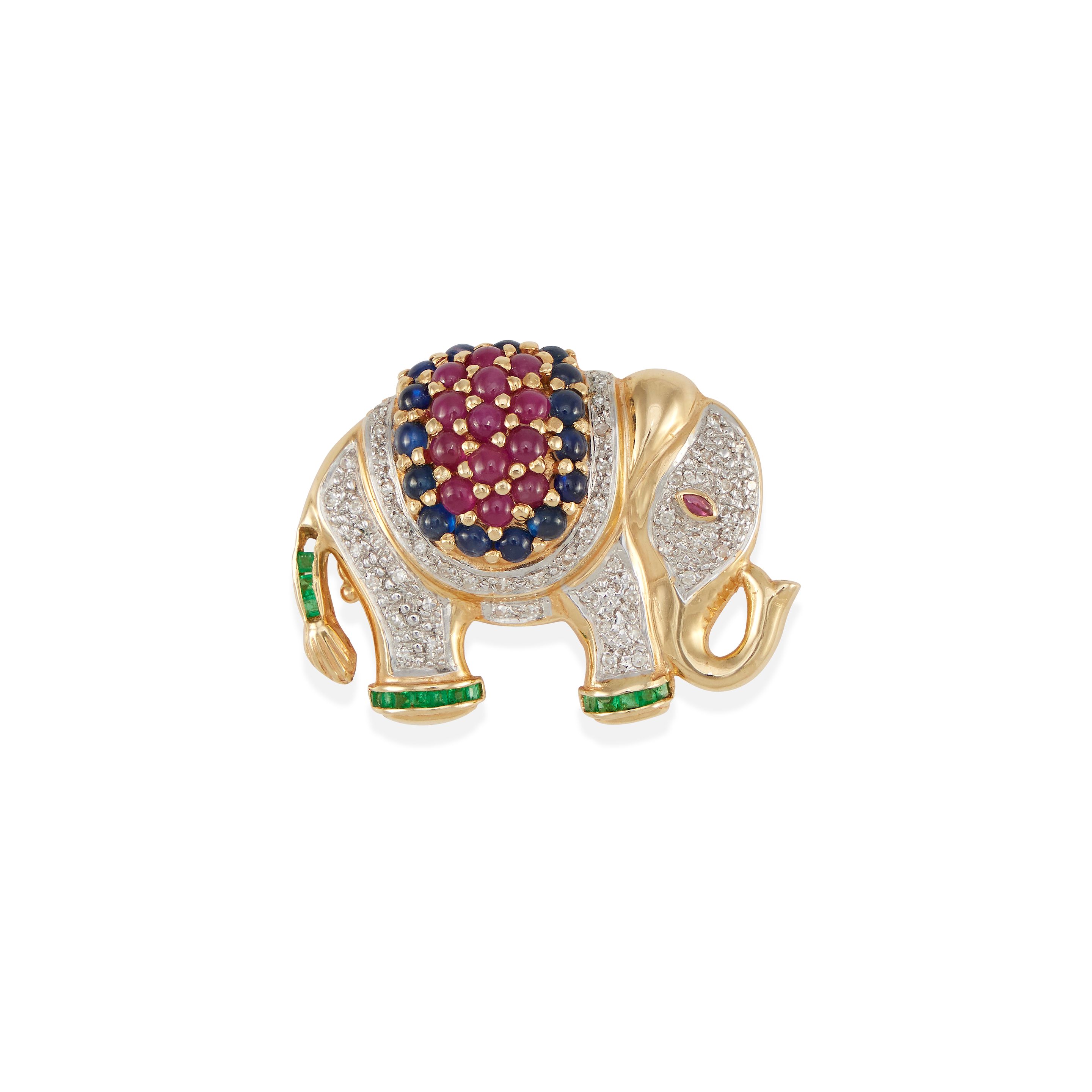 Bonhams : A 14K GOLD, GEM-SET AND DIAMOND ELEPHANT BROOCH