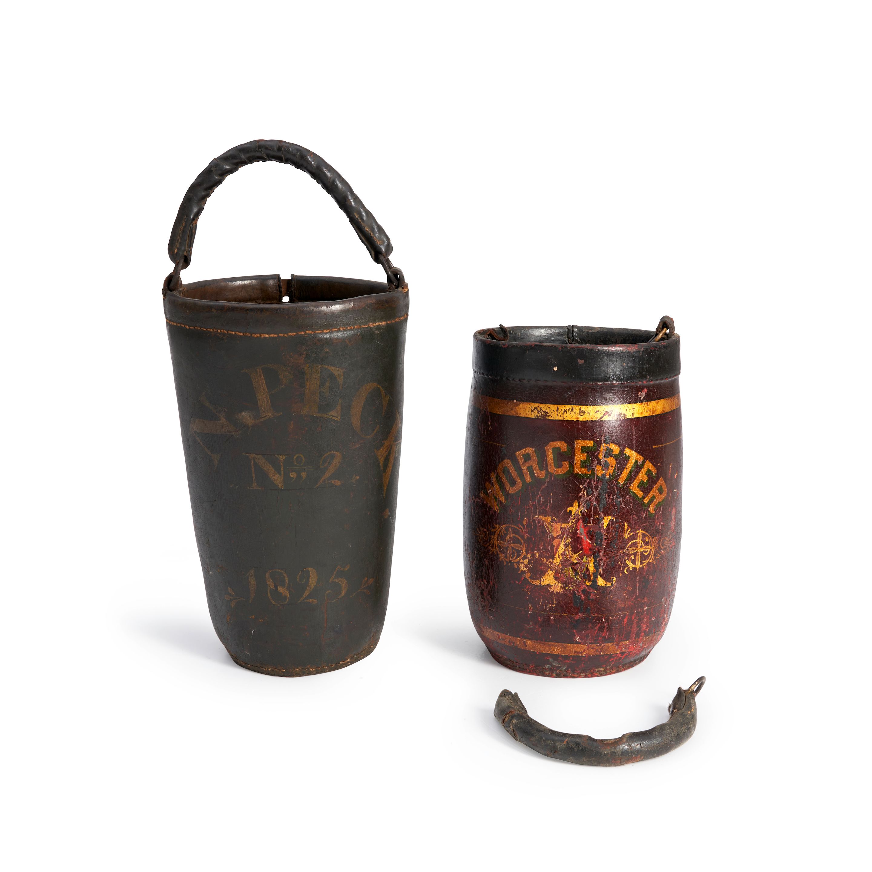 Bonhams Skinner : Two Painted Leather Fire Buckets, New England, c. 1825.