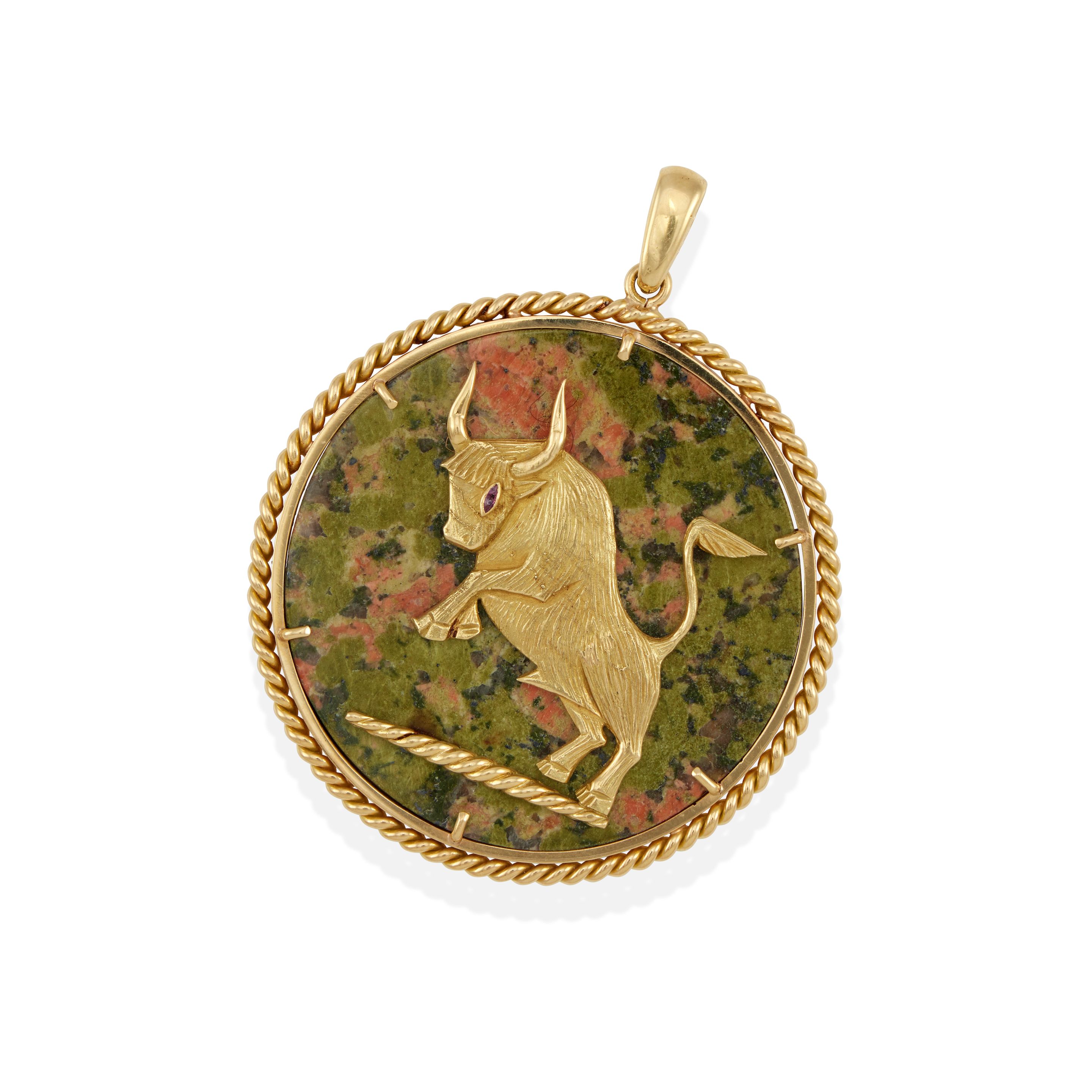 Bonhams : AN 18K GOLD, UNAKITE AND RUBY ZODIAC PENDANT