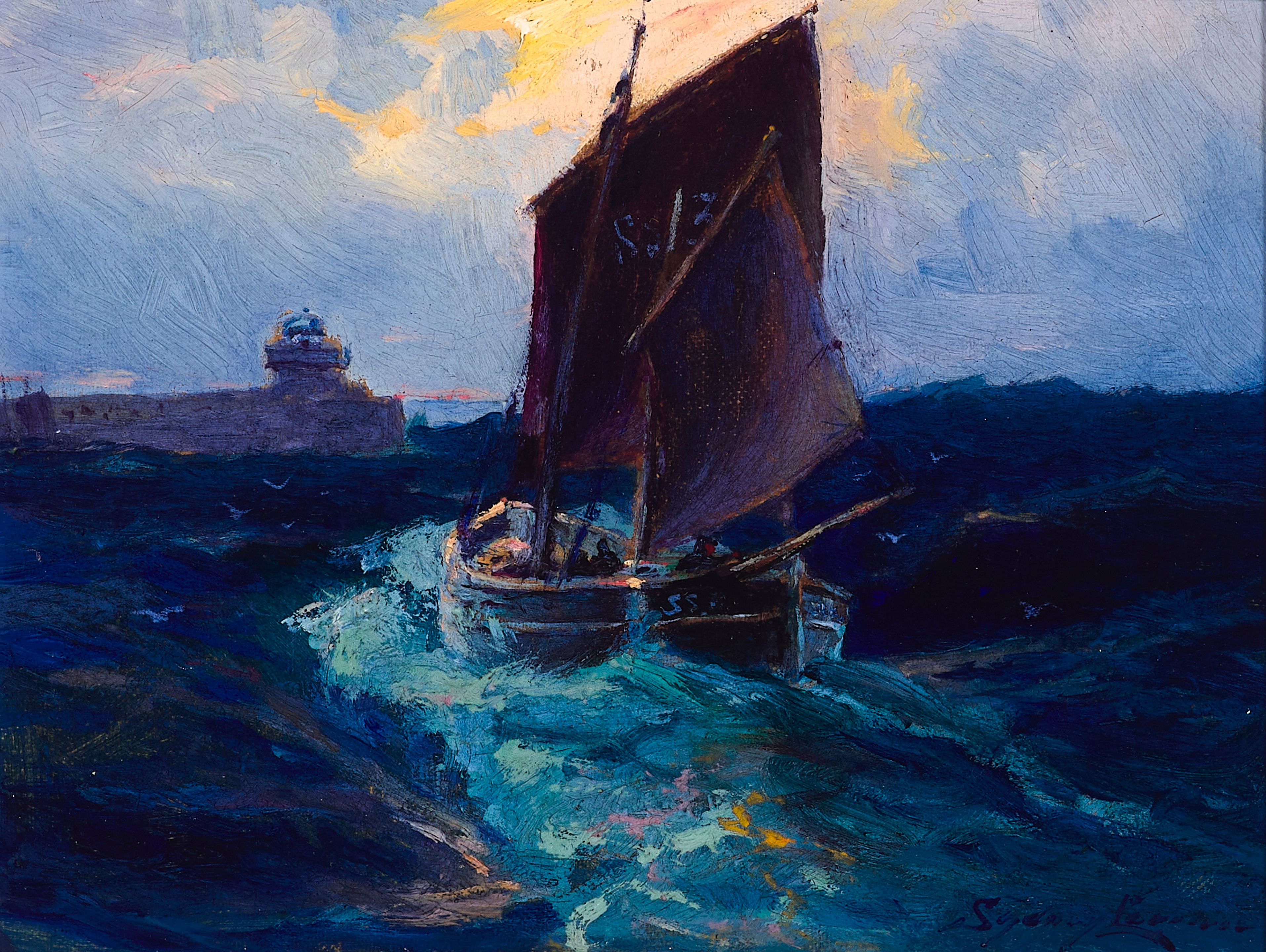 Bonhams : Sydney Laurence (1865-1940) Sailboat Approaching a Military ...