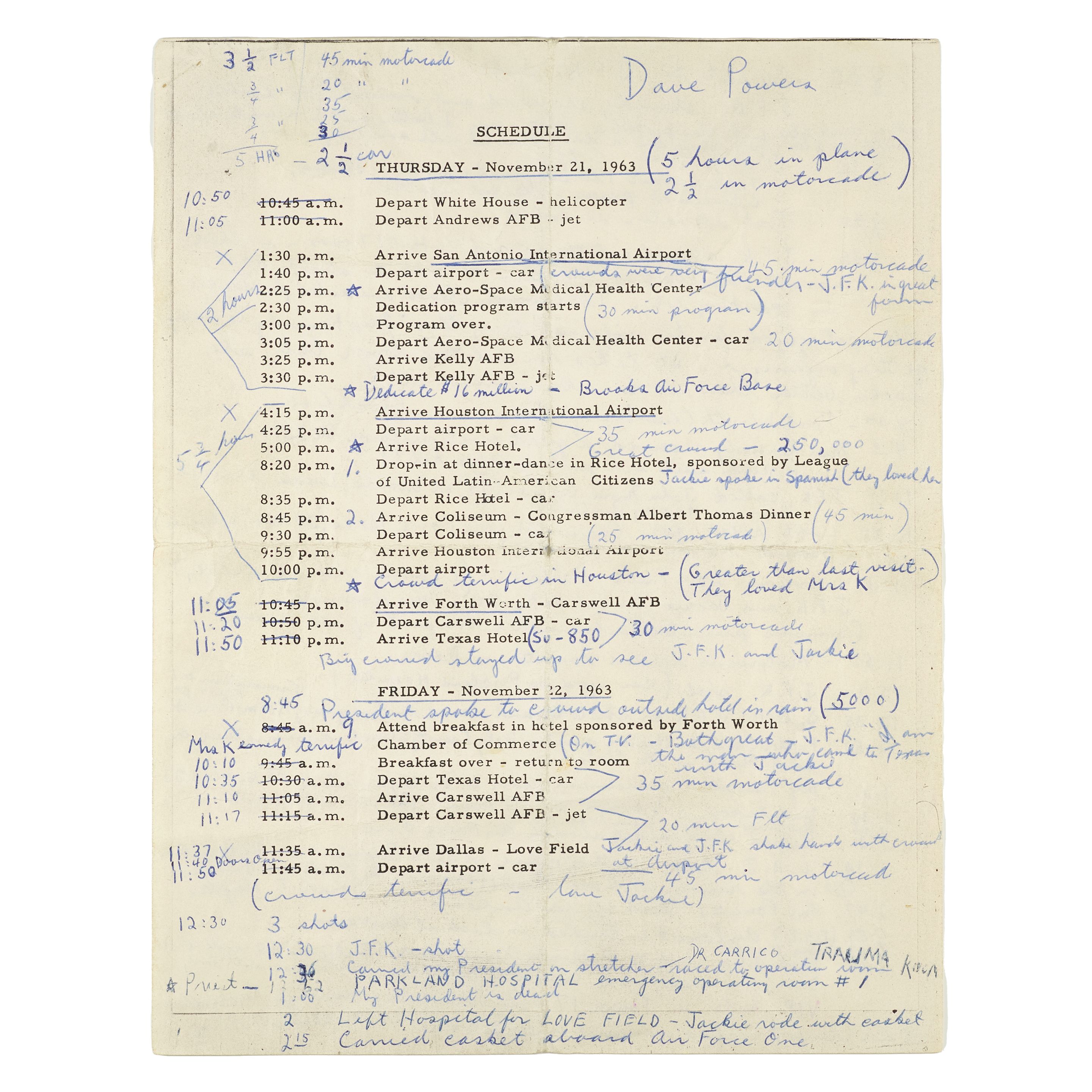 Bonhams : PRESIDENT KENNEDY'S LAST DAY OFFICIAL SCHEDULE ANNOTATED BY ...