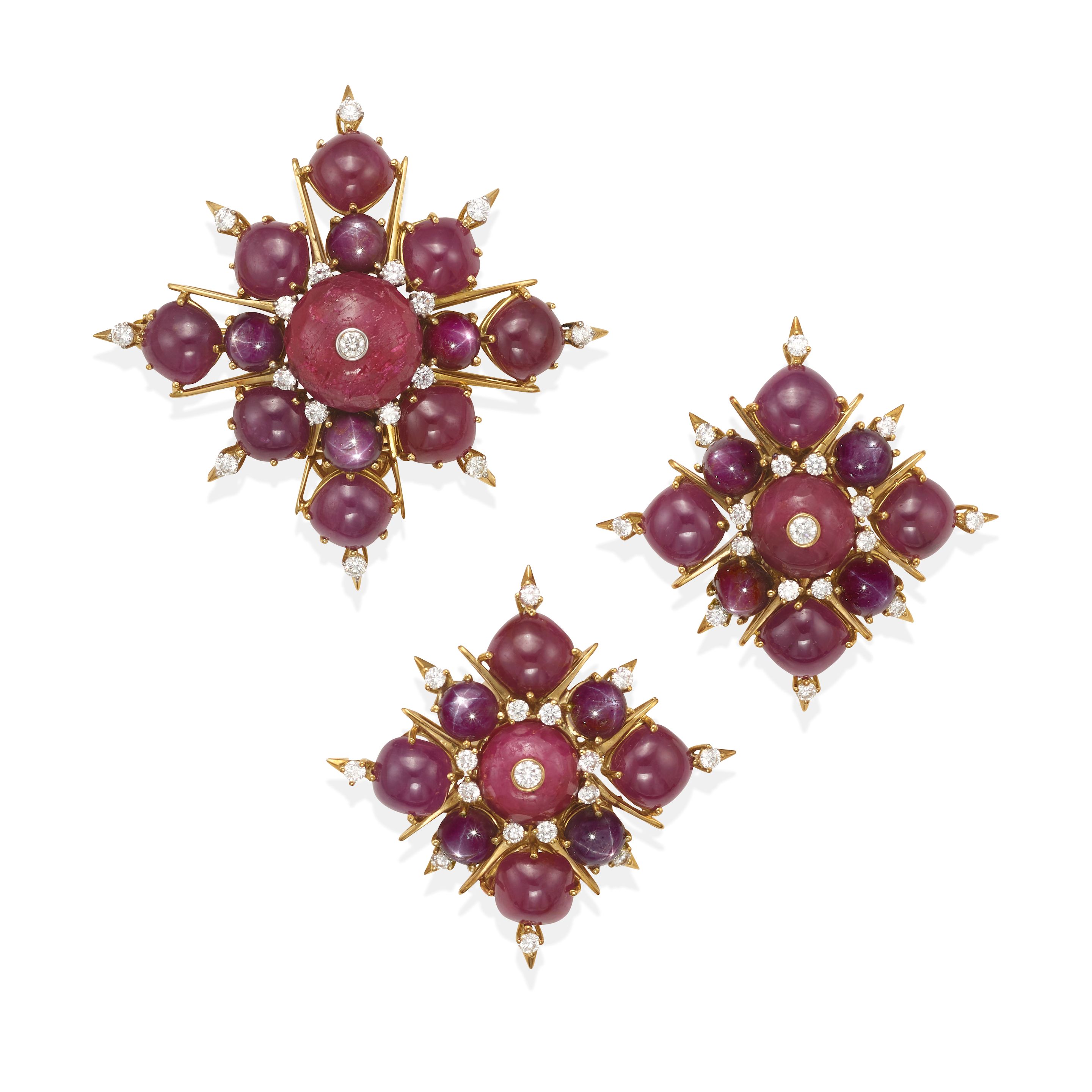 Bonhams : TONY DUQUETTE A PAIR OF 18K GOLD, RUBY, STAR RUBY AND DIAMOND EARRINGS AND BROOCH SET