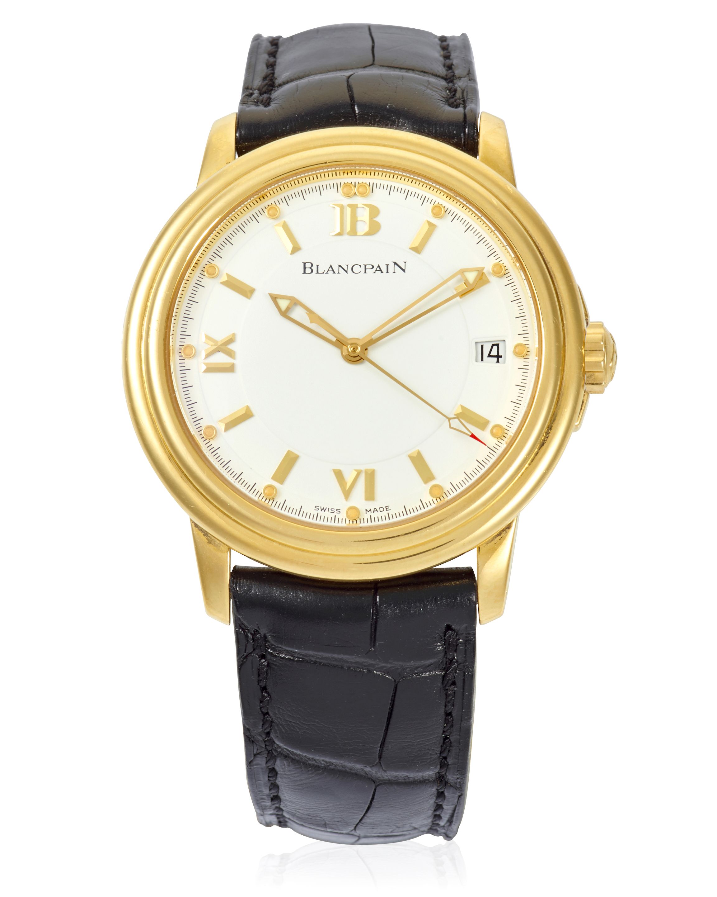 Bonhams : BLANCPAIN. AN 18K GOLD AUTOMATIC CALENDAR WRISTWATCH Léman ...