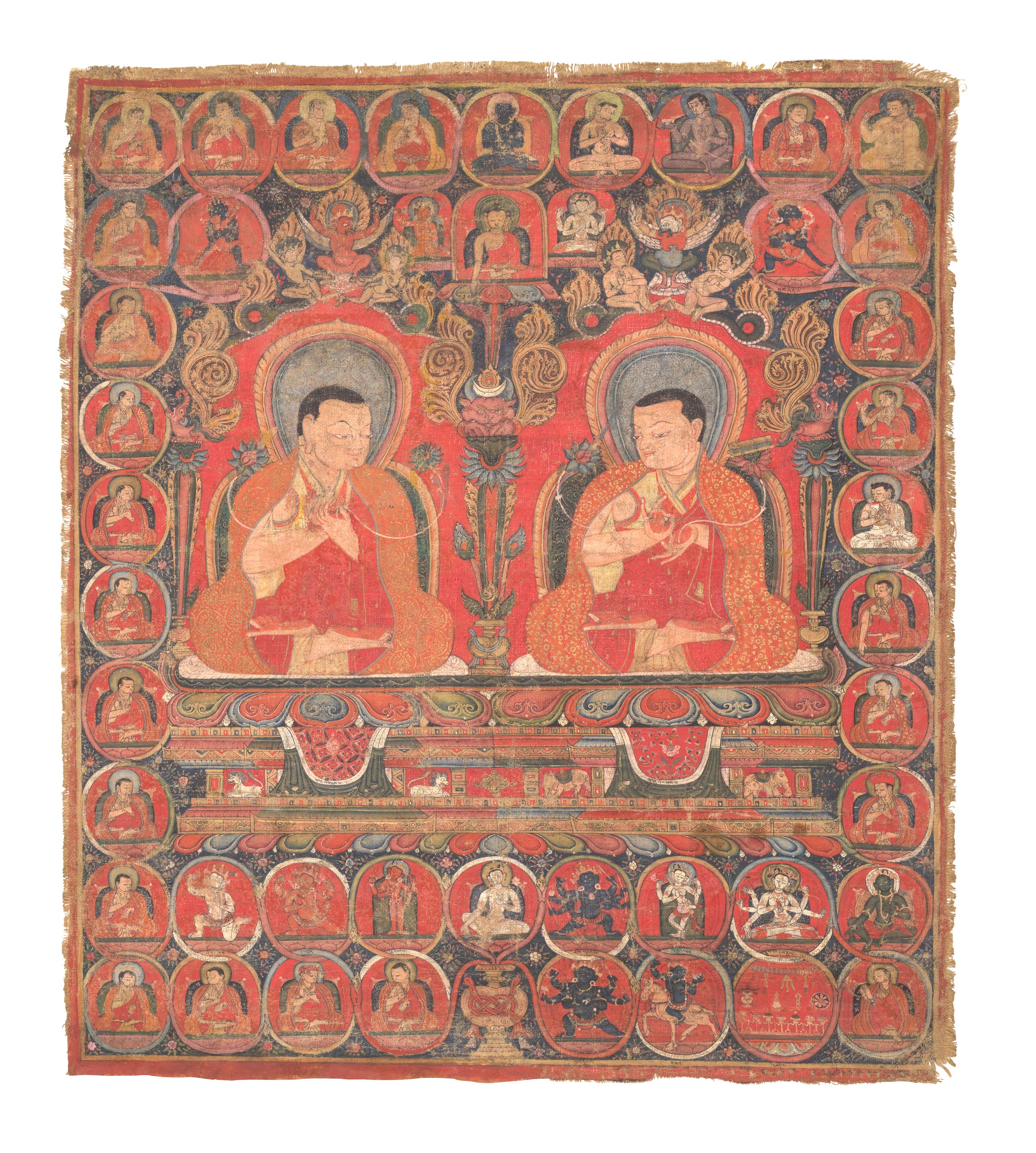 Bonhams : A DOUBLE PORTRAIT THANGKA OF THE DRUGPA KAGYU LAMAS, KHENPO ...