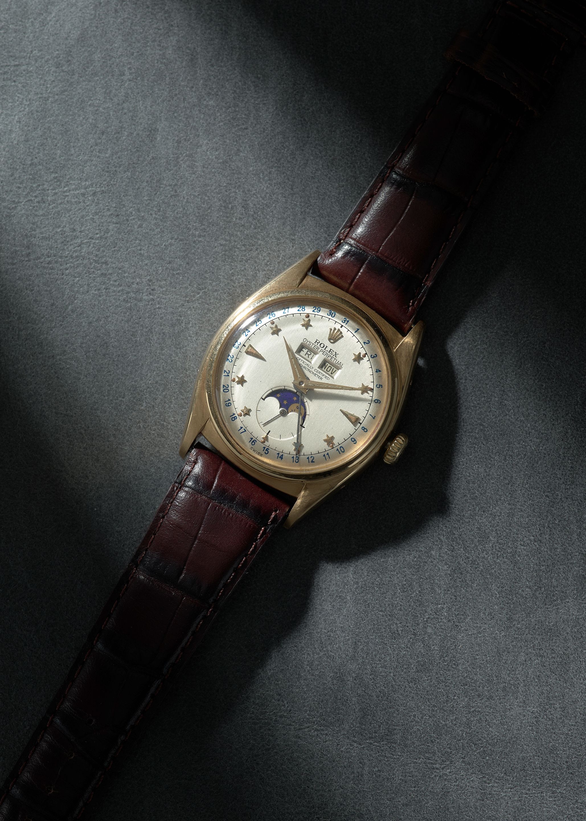Bonhams : ROLEX. A RARE 18K GOLD AUTOMTIC TRIPLE CALENDAR WRISTWATCH ...