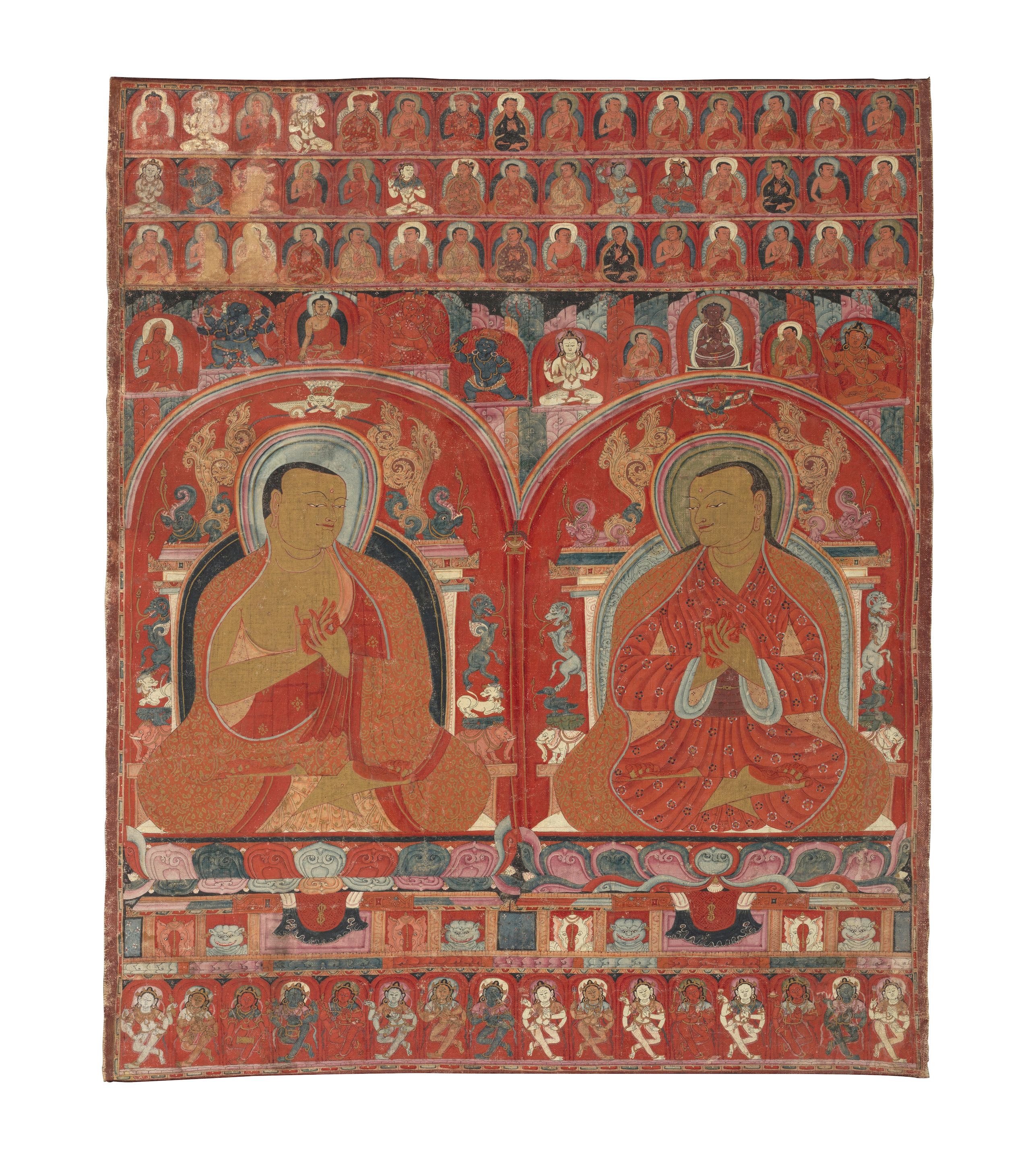 Bonhams : A DOUBLE PORTRAIT THANGKA OF TWO KAGYU LAMAS TIBET, LATE 13TH ...