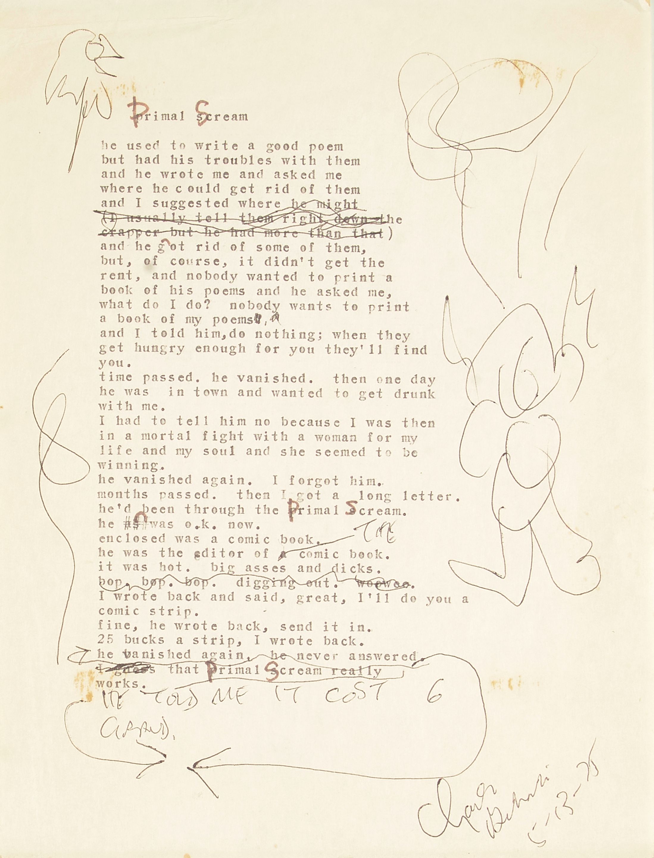 Bonhams : BUKOWSKI, CHARLES. 1920-1994. ORIGINAL UNPUBLISHED POEM ...