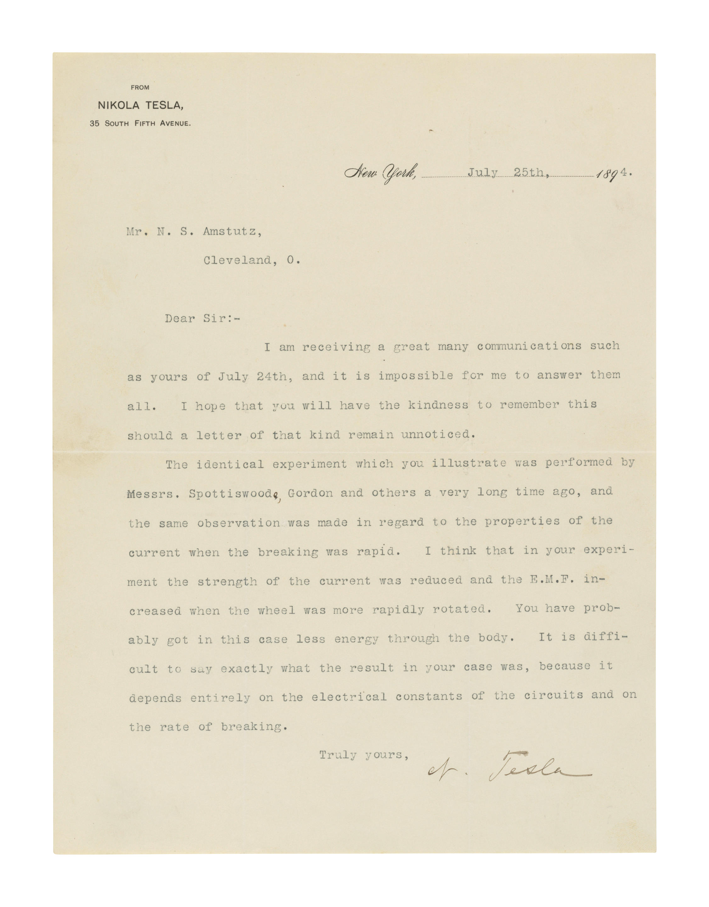 Bonhams : TESLA ON ELECTRICITY. TESLA, NIKOLA. 1856-1943. Typed Letter ...