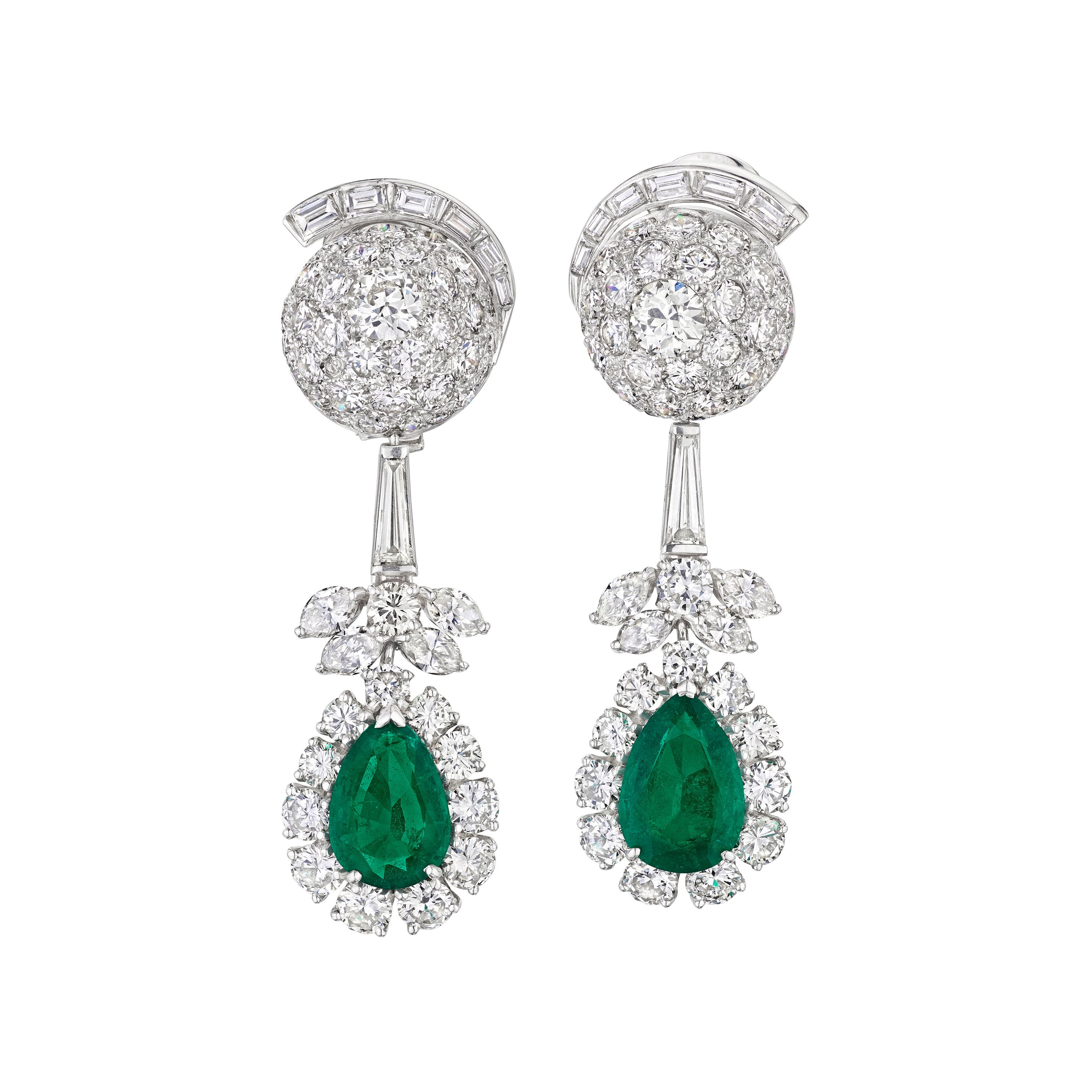Bonhams : VAN CLEEF & ARPELS A PAIR OF EMERALD AND DIAMOND EARCLIPS