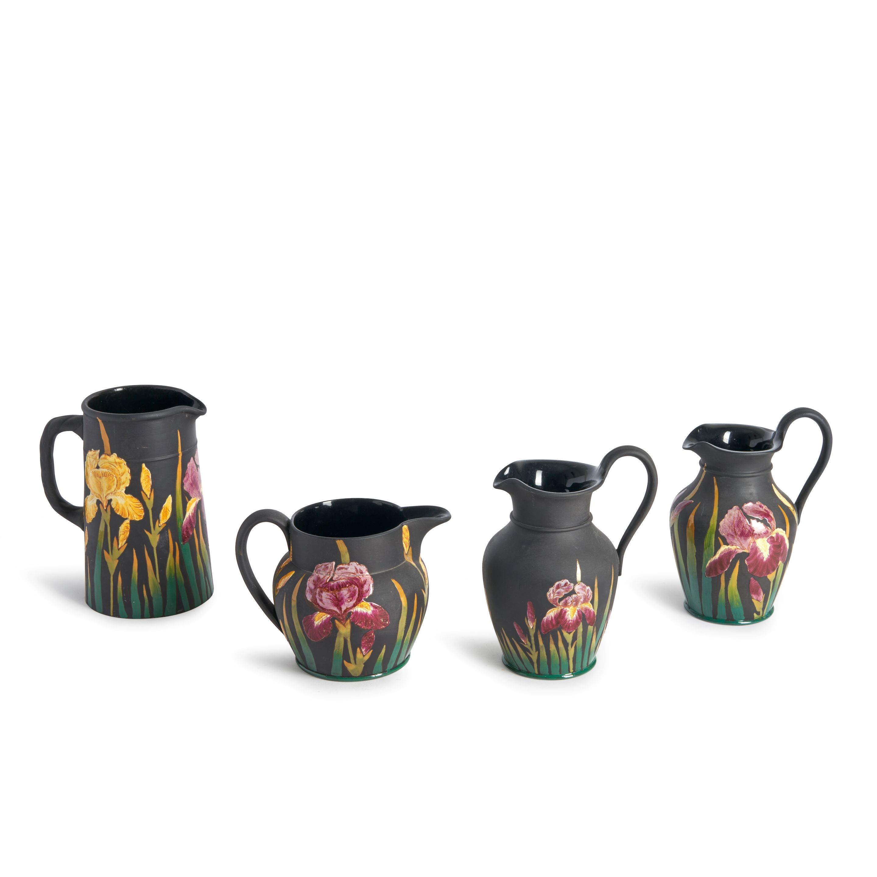 Bonhams Skinner : Four Wedgwood Black Basalt Iris Kenlock Ware Jugs ...